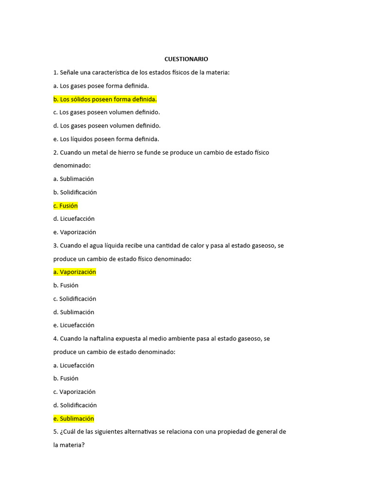 Cuestionario de Estados y Propiedades de la Materia | PDF | Líquidos ...