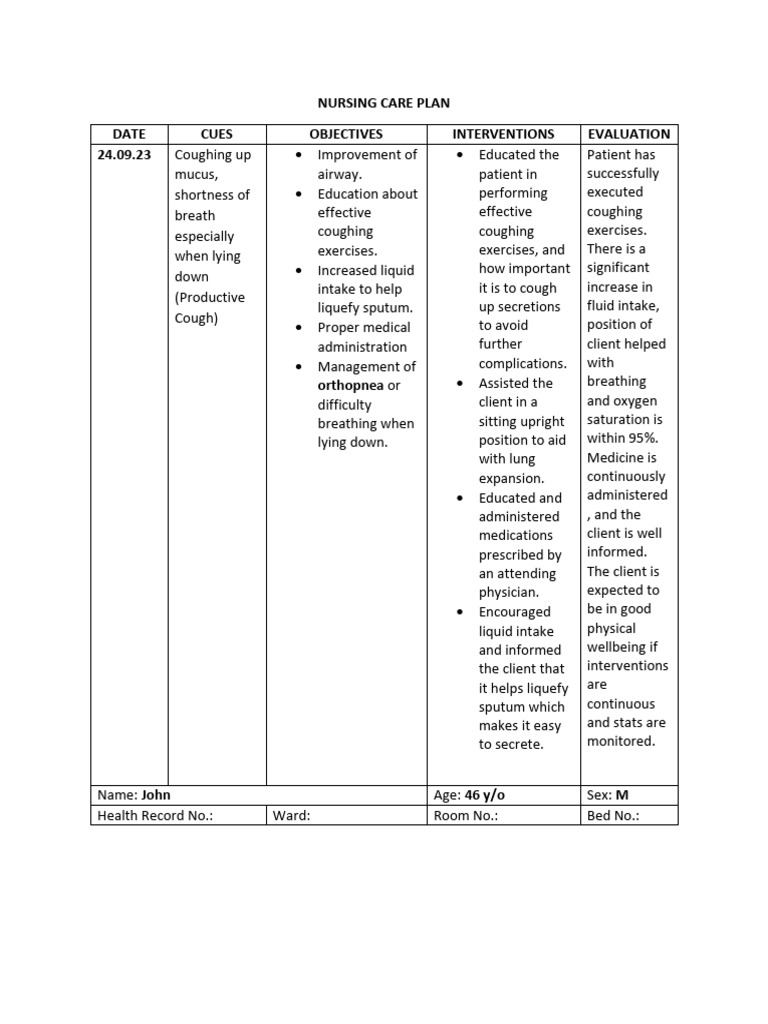 Nursing Care Plan Date Cues Objectives Interventions Evaluation 24.09.23 | PDF | Cough | Breathing
