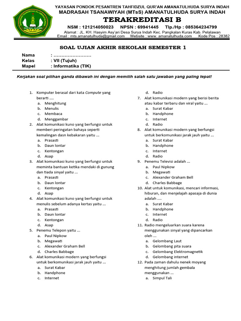 Tik Soal Uas Kelas 7 Sem Ganjil | PDF | Dewasa Muda