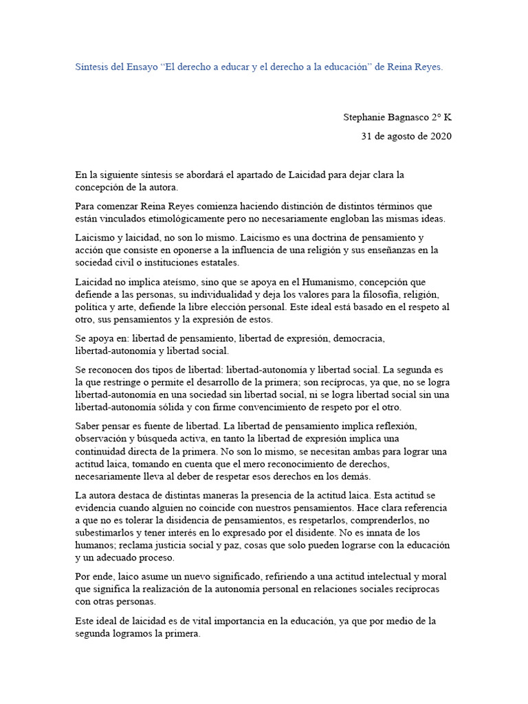 Reina Reyes: Laicidad | PDF | Secularidad | Libertad