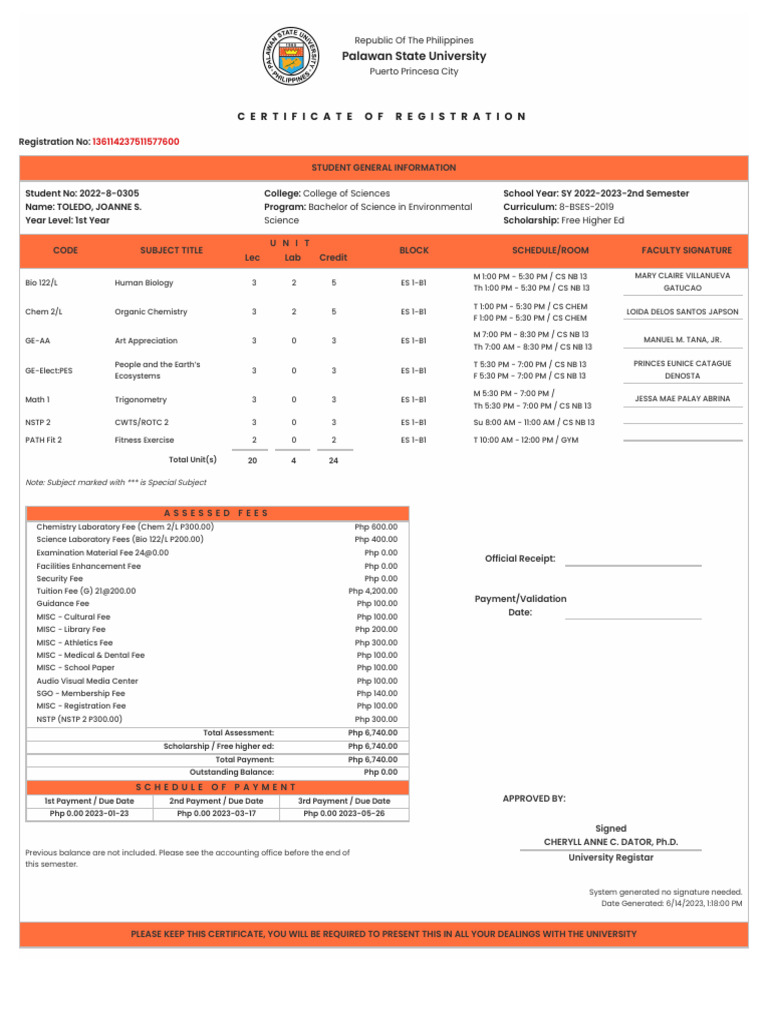 Certificate of Registration: Palawan State University | PDF | Fee