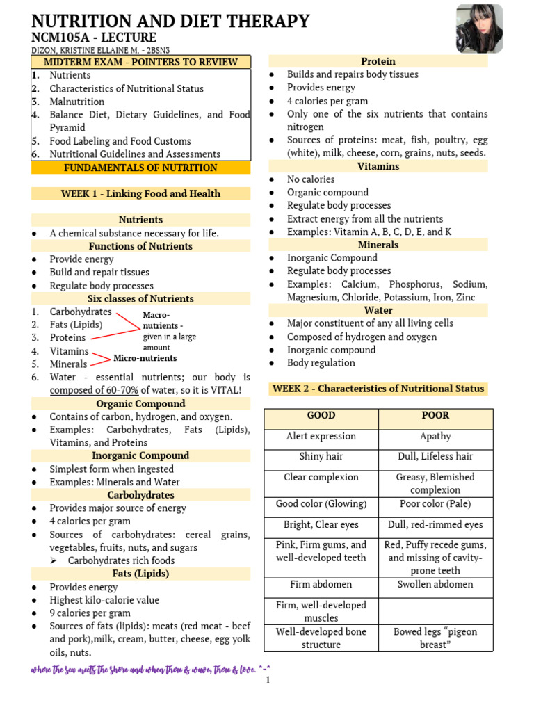 NCM105A MIDTERM NOTES Complete | PDF | Nutrients | Foods