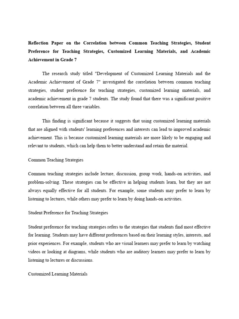 Reflection Paper On The Correlation Between Common Teaching Strategies ...