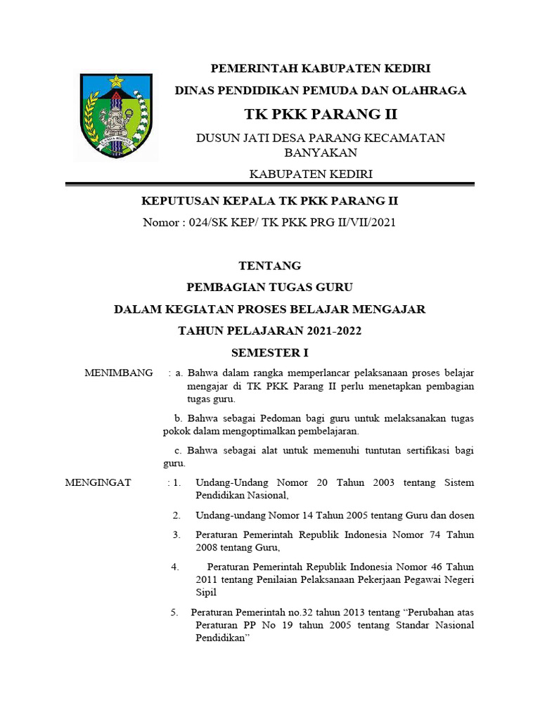 SK Pembagian Tugas Semester 1 Tahun 2021-2022 | PDF