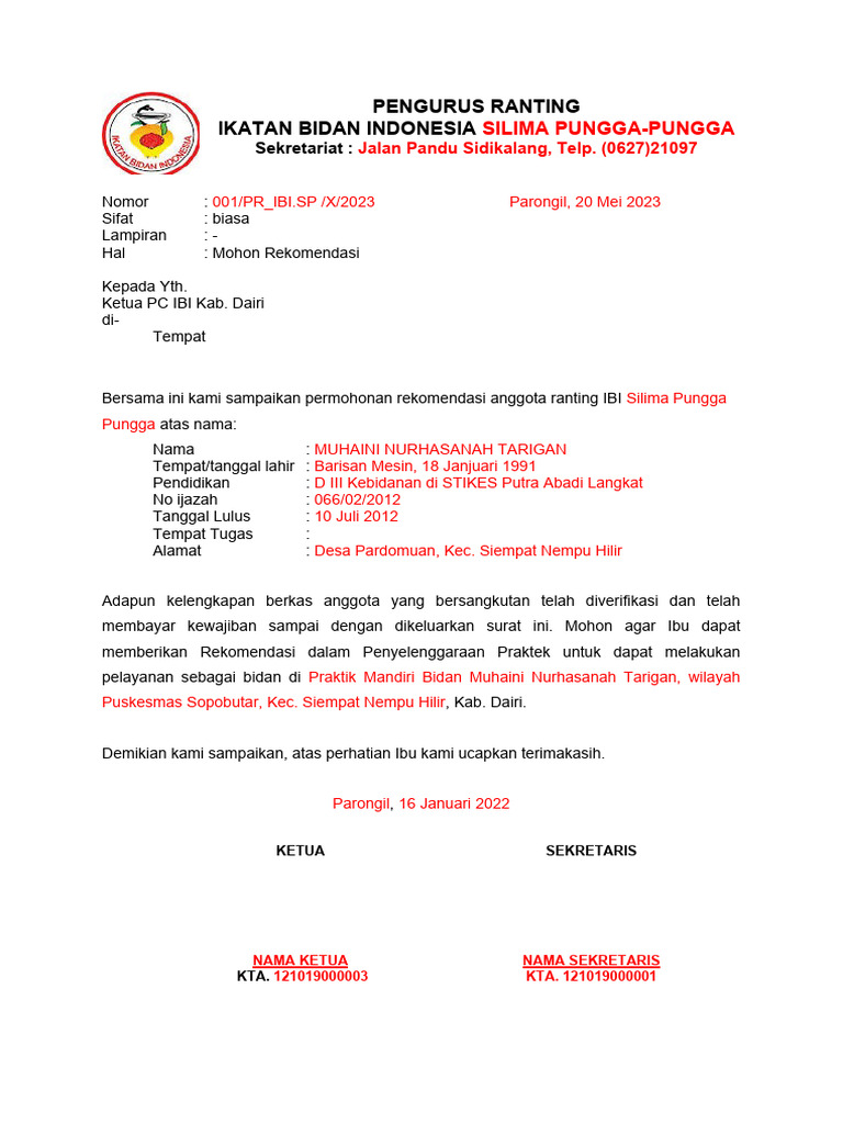 Surat Mohon Rekomendasi Dari Ranting IBI | PDF