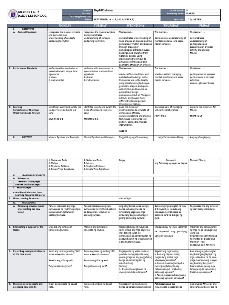 DLL - Mapeh 5 - Q1 - W3 | PDF | Learning | Cognition