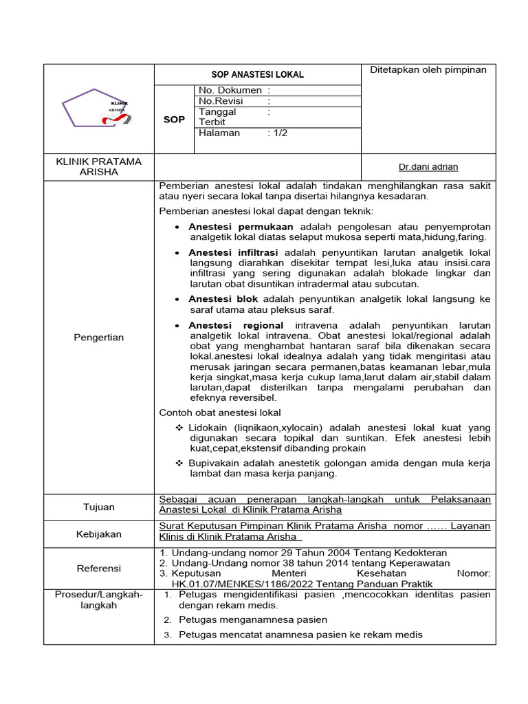 Sop Anastesi Lokal | PDF