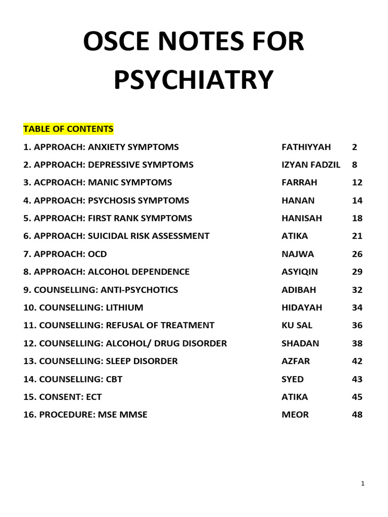 Osce Notes For Psychiatry GX | PDF | Schizophrenia | Psychosis
