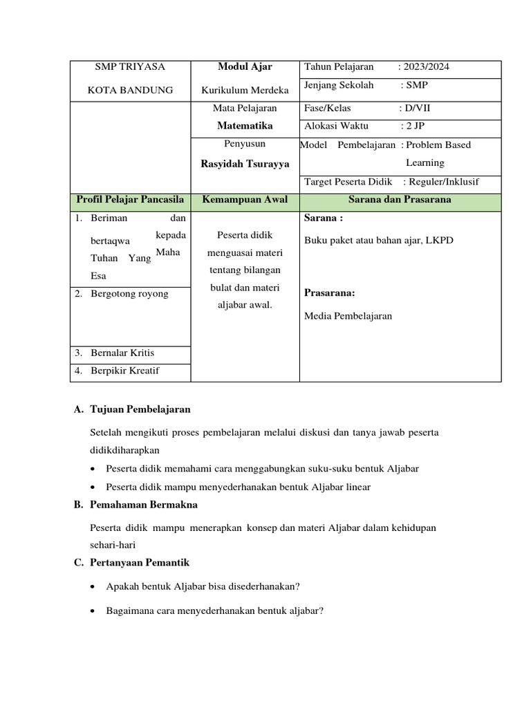 Modul Ajar Kelas 7 Materi Menyederhanakan Bentuk Aljabar | PDF