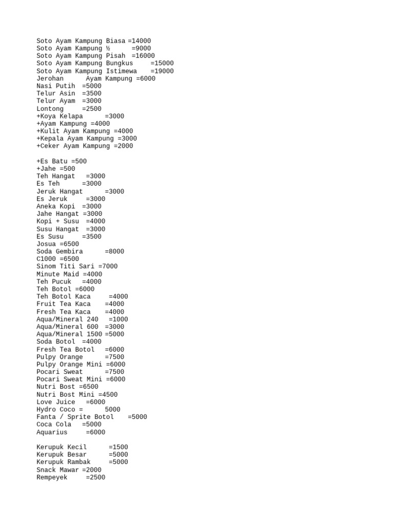 Harga Menu Soto Ayam Kampung | PDF