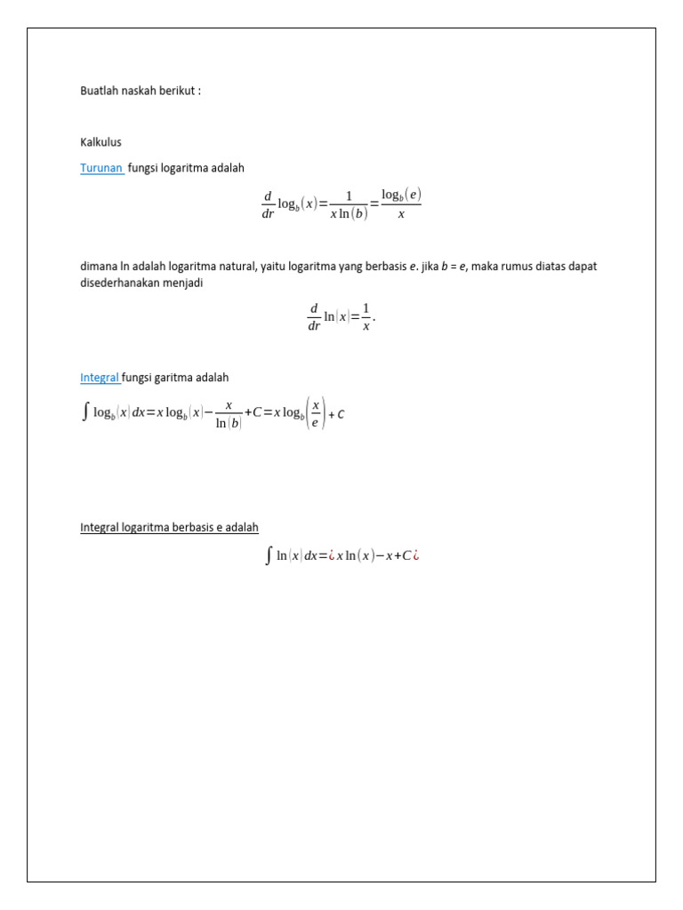 Kalkulus: Turunan dan Integral Logaritma | PDF