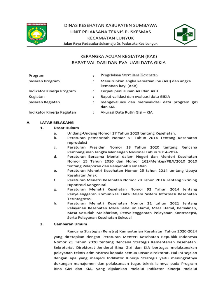 13. TOR KIA- Rapat validasi dan evaluasi data GIKIA | PDF