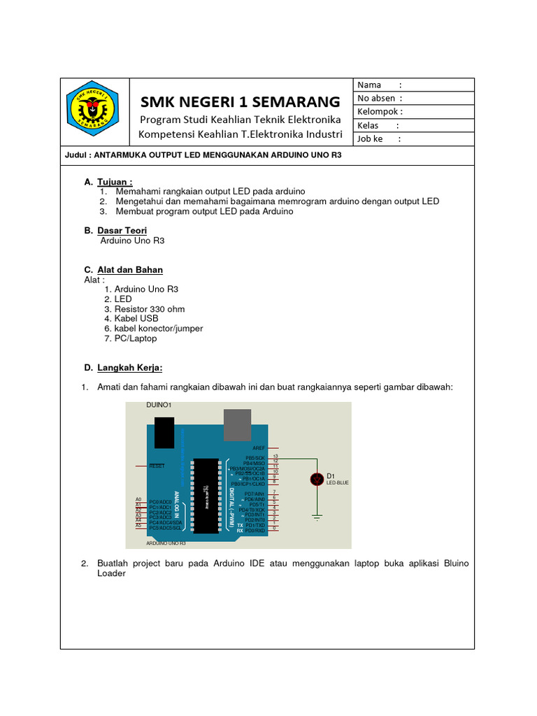 Jobsheet Pertemuan 1 Output LED Arduino UNO | PDF