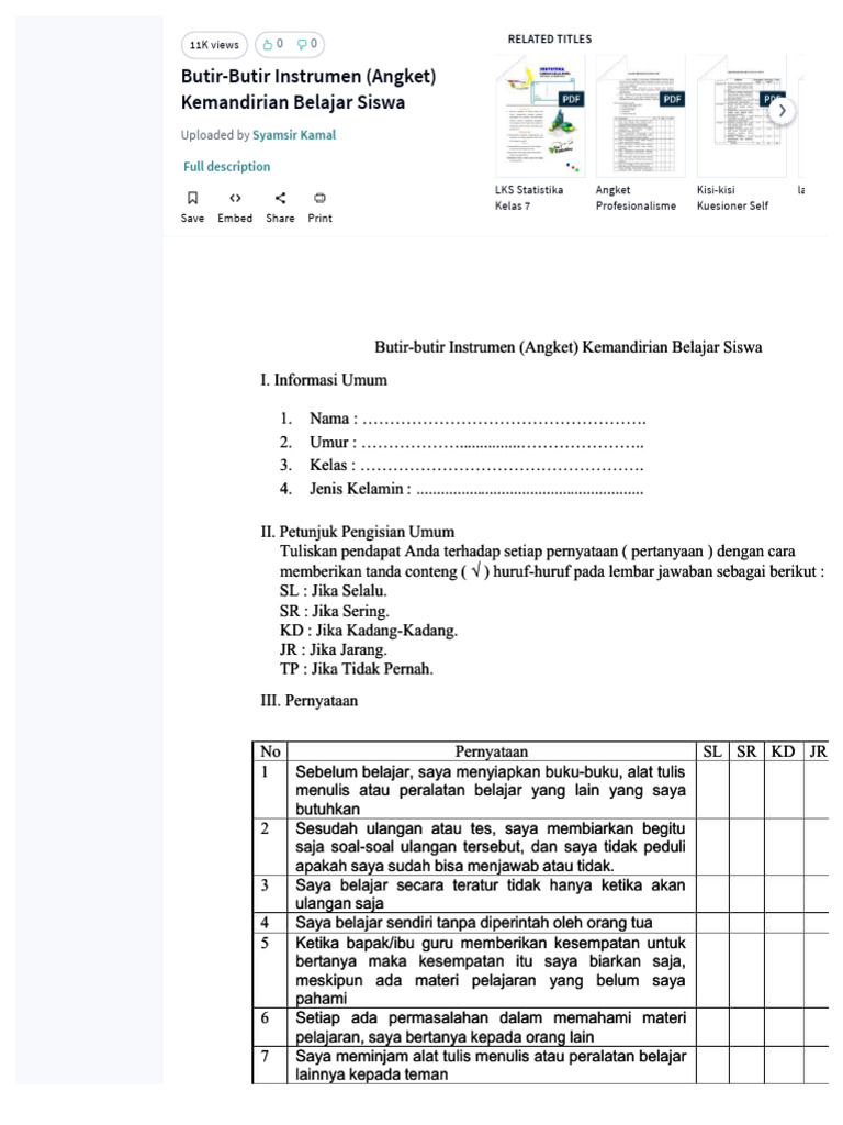 PDF Butir Butir Instrumen Angket Kemandirian Belajar Siswa - Compress | PDF