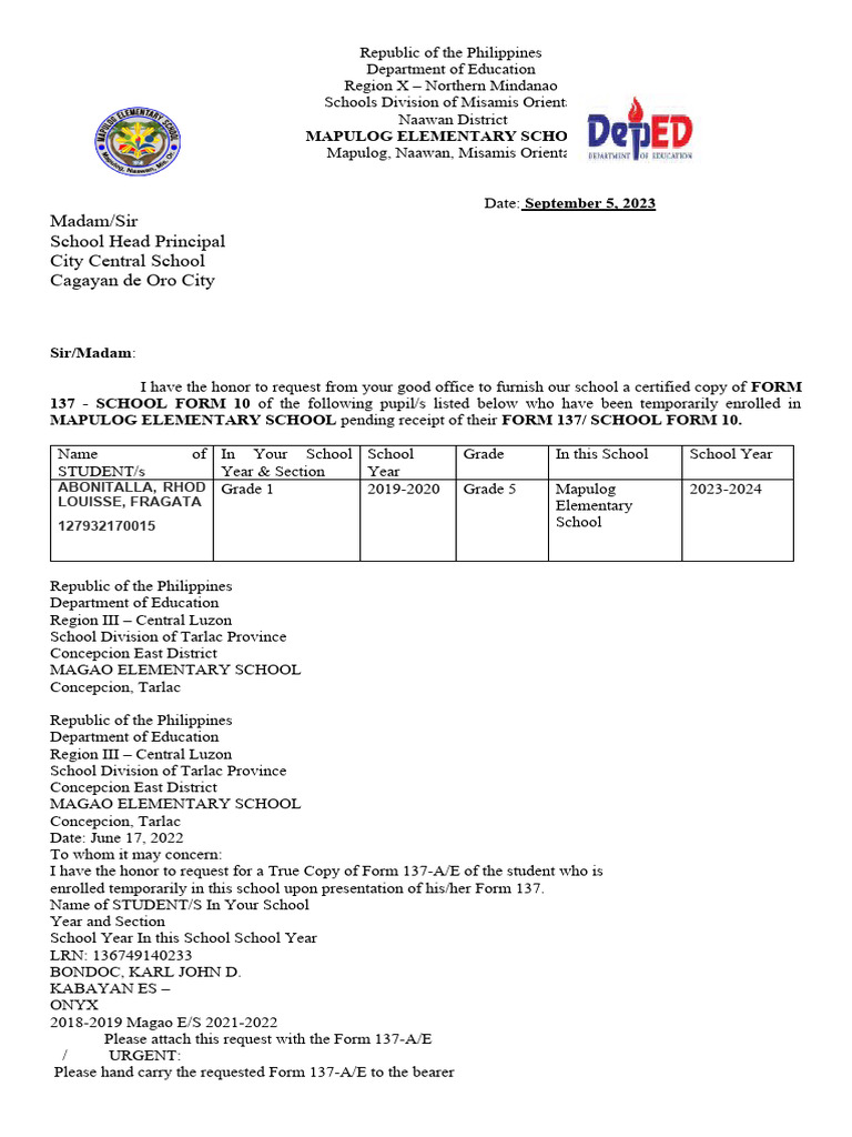 Form 137 Request Form | PDF