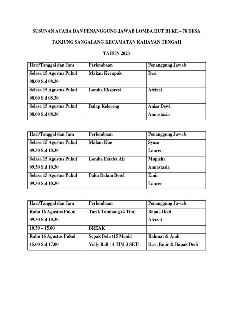 Susunan Acara Dan Penanggung Jawab Lomba Hut Ri Ke | PDF
