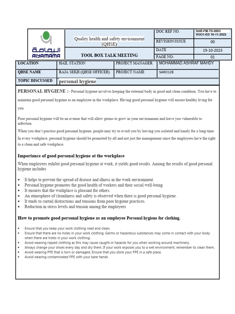 Hail Station Hygiene TBT File 2023 | PDF | Hygiene | Personal ...