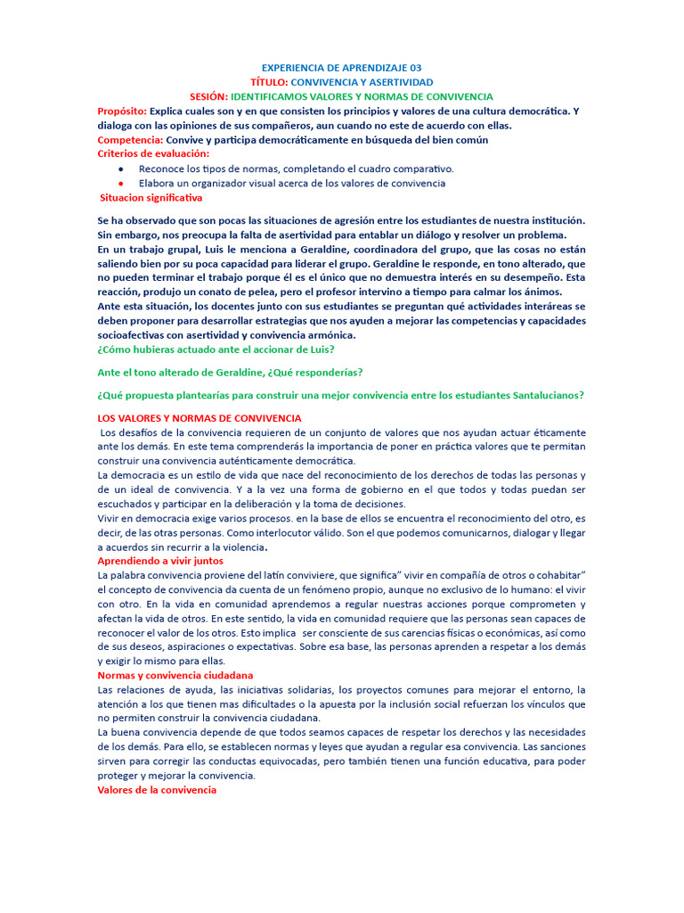Identificamos Valores Y Normas De Convivencia 1 Pdf Democracia