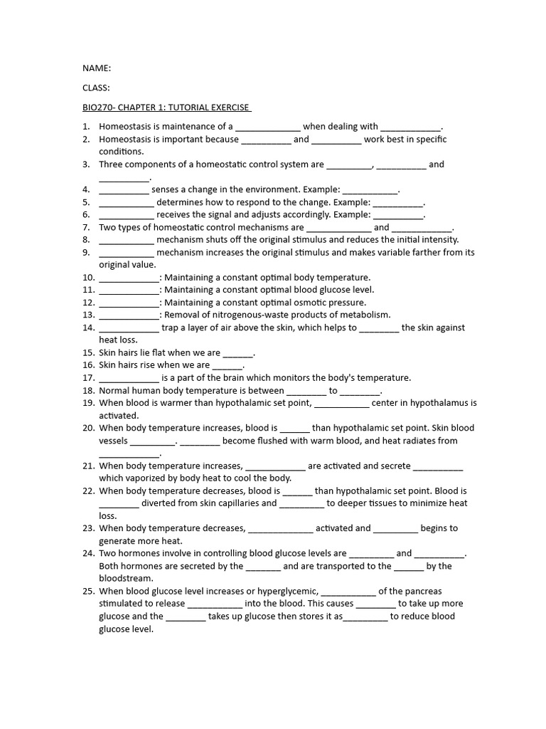 Bio270 Chapter 1 Tutorial | PDF | Homeostasis | Excretion
