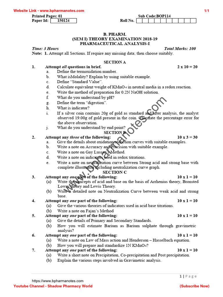 Bpharm 1 Sem Pharmaceutical Analysis 1 Bop 119 | PDF | Acid | Analytical Chemistry