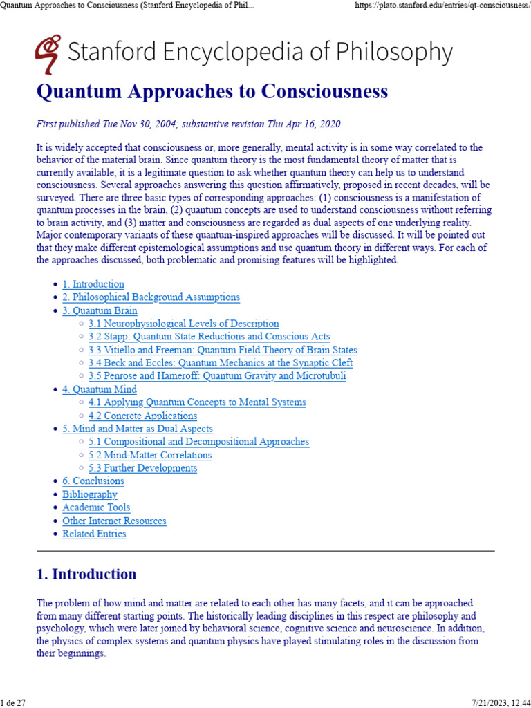 Quantum Approaches To Consciousness Stanford Encyclopedia Of