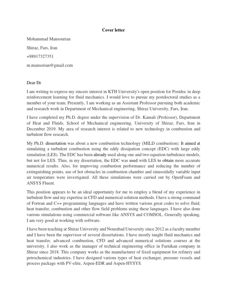 Cover letter-KTH | PDF | Fluid Dynamics | Physical Sciences