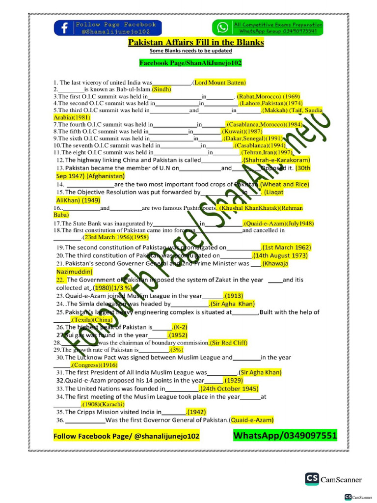 100 Most Repeated Pak Affairs Questions | PDF