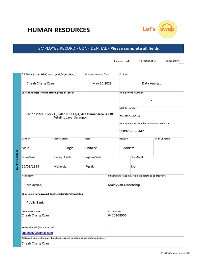 Swap Employee Record Form - MY | PDF