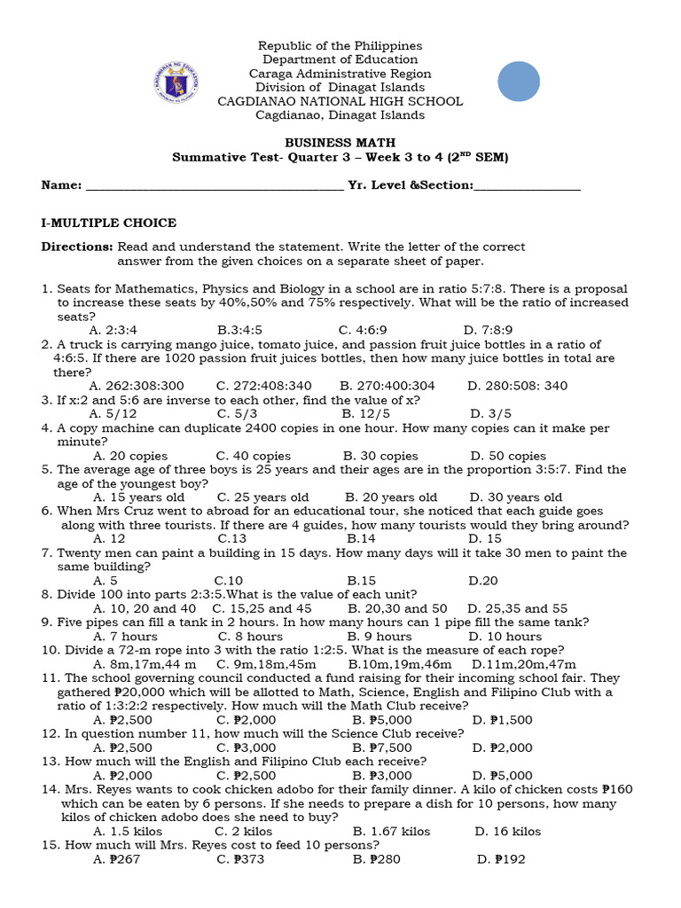 Summative Bus. Math Q3 WK 3 4 | PDF
