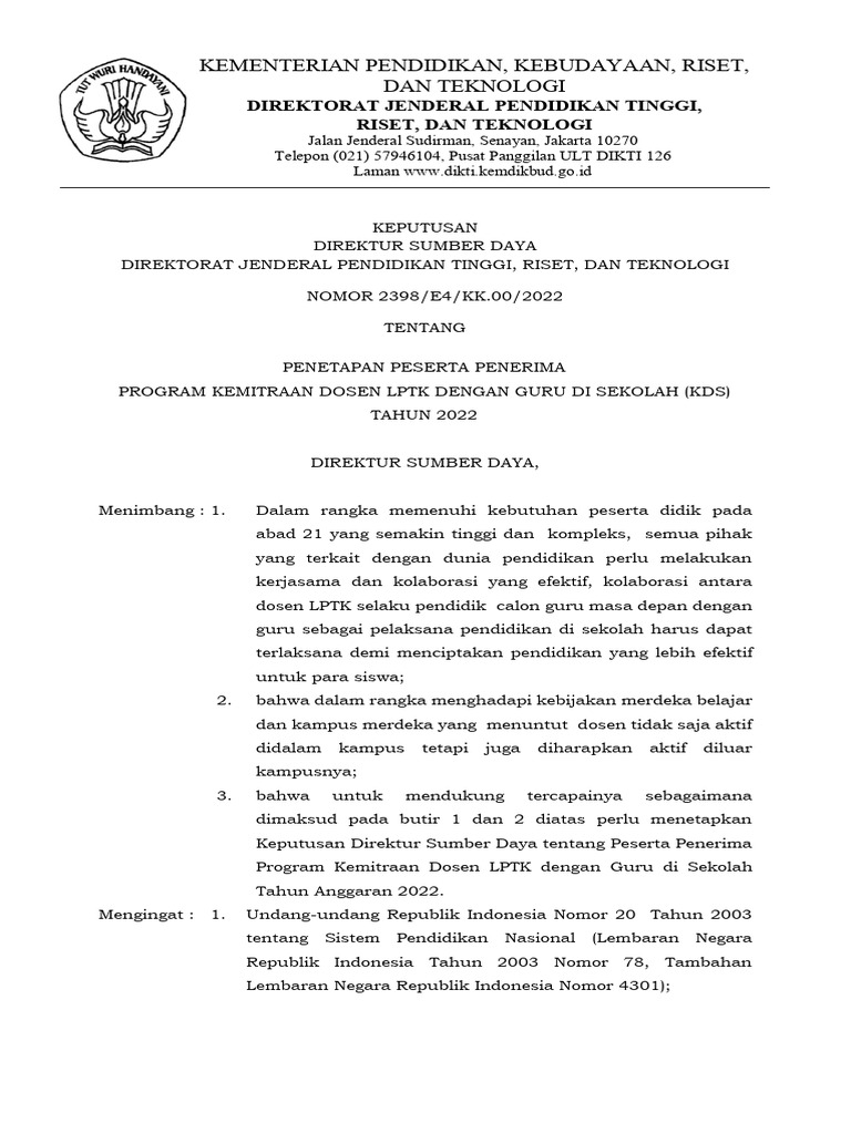 Penetapan Peserta KDS 2022 Kemdikbud | PDF