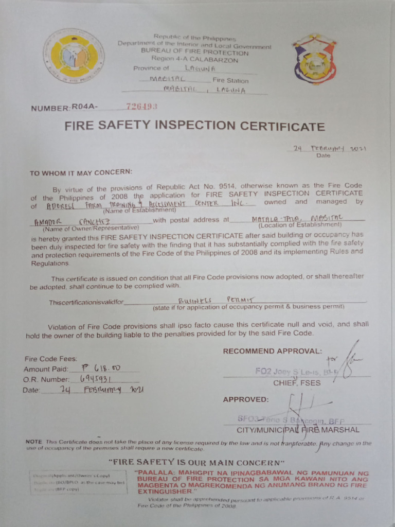 Fire Safety Inspection Certificate Sample | PDF | Fire Safety | Safety