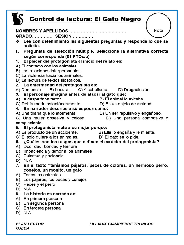 Control de Lectura: El Gato Negro: Plan Lector Lic. Max Giampierre ...