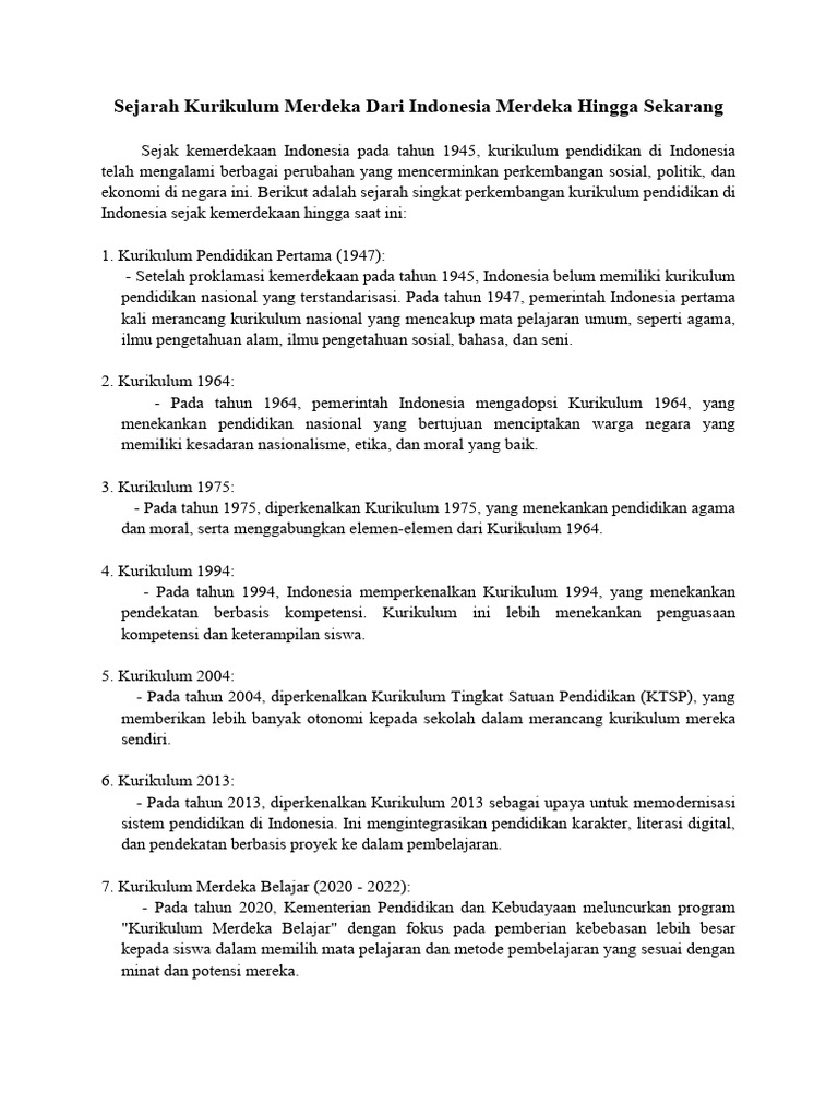 Sejarah Kurikulum Merdeka Dari Indonesia Merdeka Hingga Sekarang | PDF