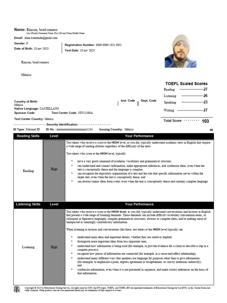 1 Toefl Score Report PDF | PDF | Test Of English As A Foreign Language ...