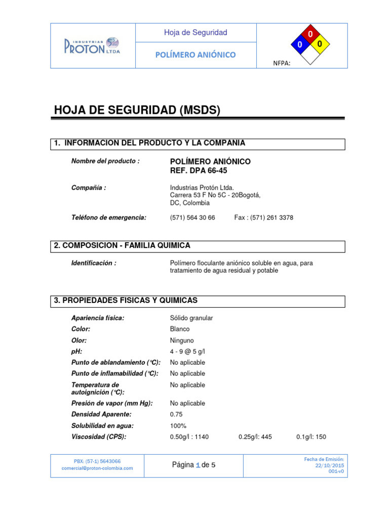 Polimero Anionico - Hoja de Seguridad | PDF | Agua | Toxicidad