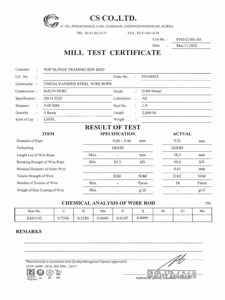 Wire Rope Mill Test Certificate | PDF | Building Materials | Secondary ...