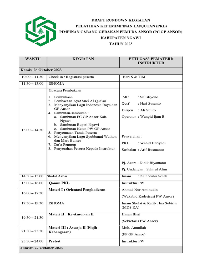 Jadwal & Co Instruktur PKL Ii - Ngawi 2023 Iain | PDF