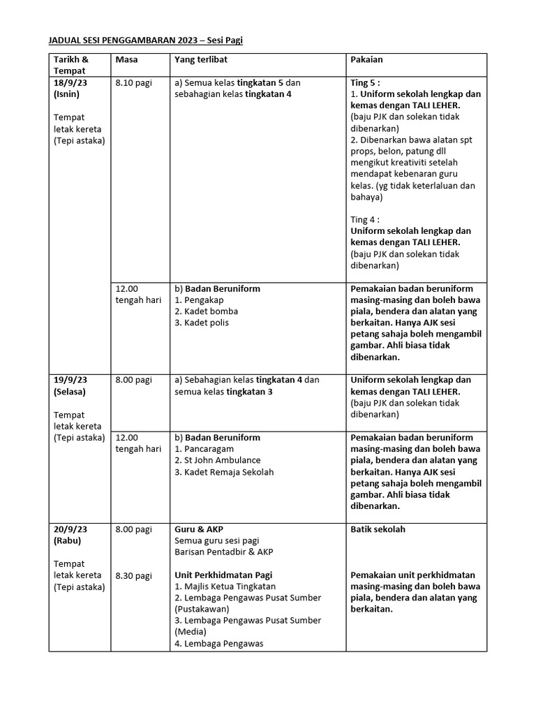 Jadual Penggambaran Pagi 2023 | PDF