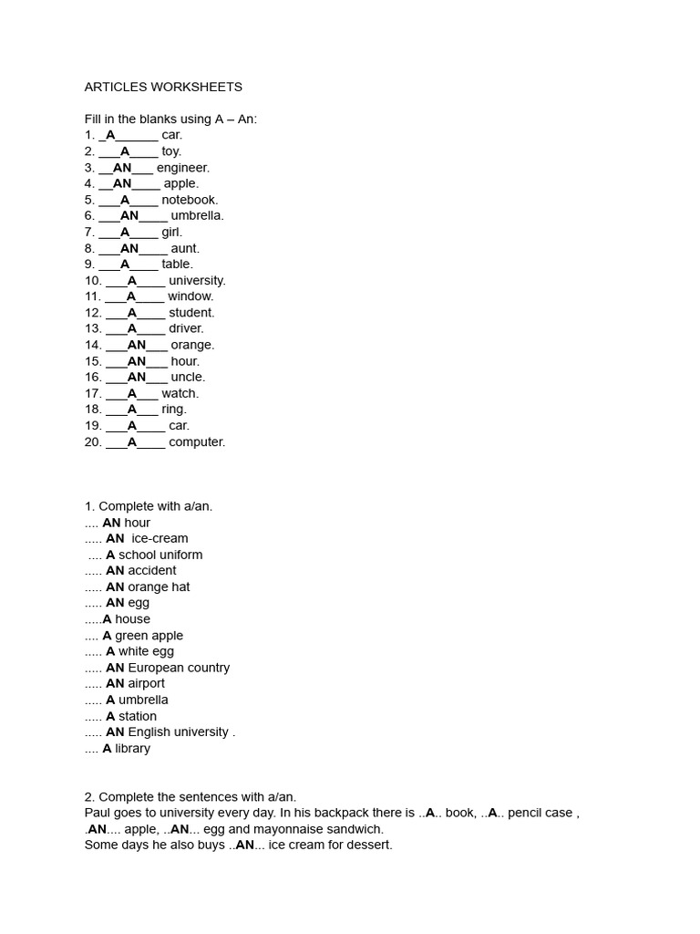 Articles Worksheets | PDF