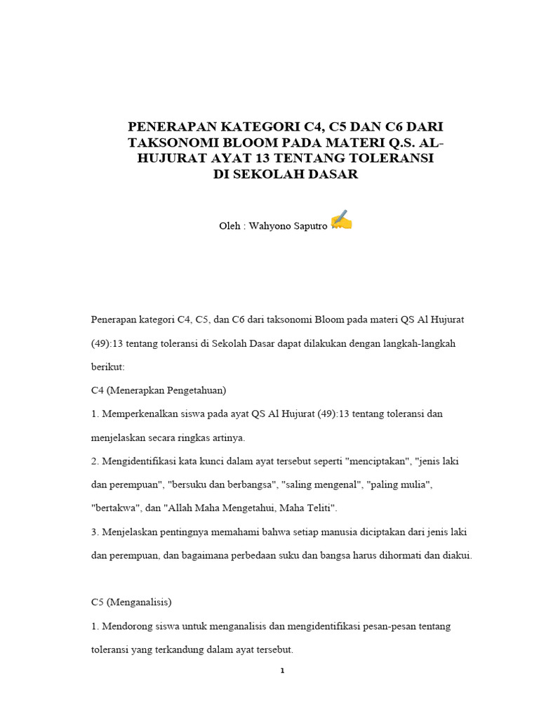 Penerapan Kategori c4, c5 Dan c6 Dari Taksonomi Bloom Pada Materi Q.S. Al - Hujurat Ayat 13 ...