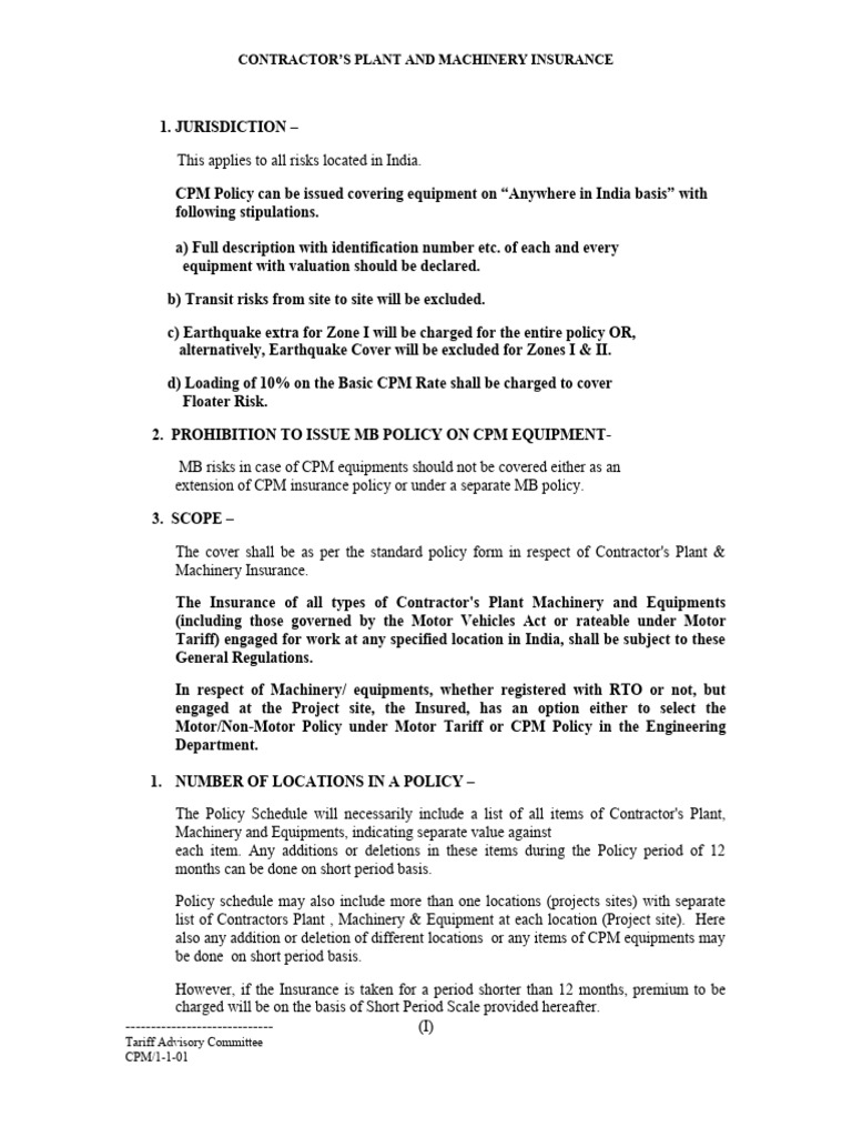 Contractor'S Plant and Machinery Insurance: Tariff Advisory Committee ...