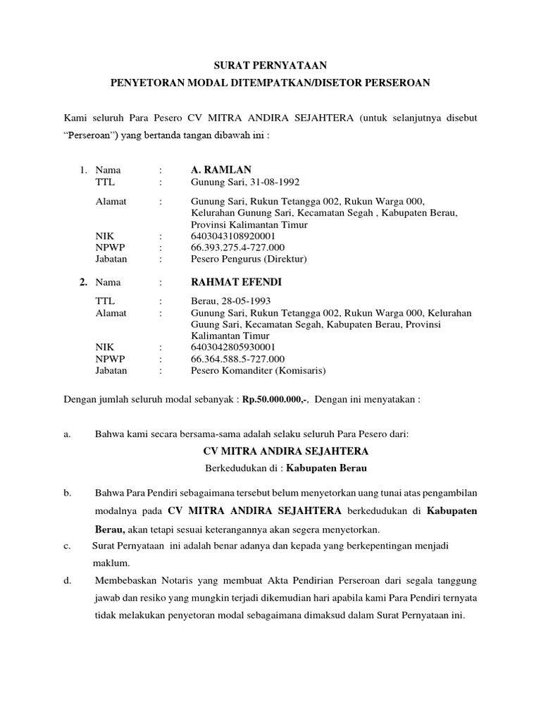 Pernyataan Modal CV Mitra Andira Sejahtera | PDF