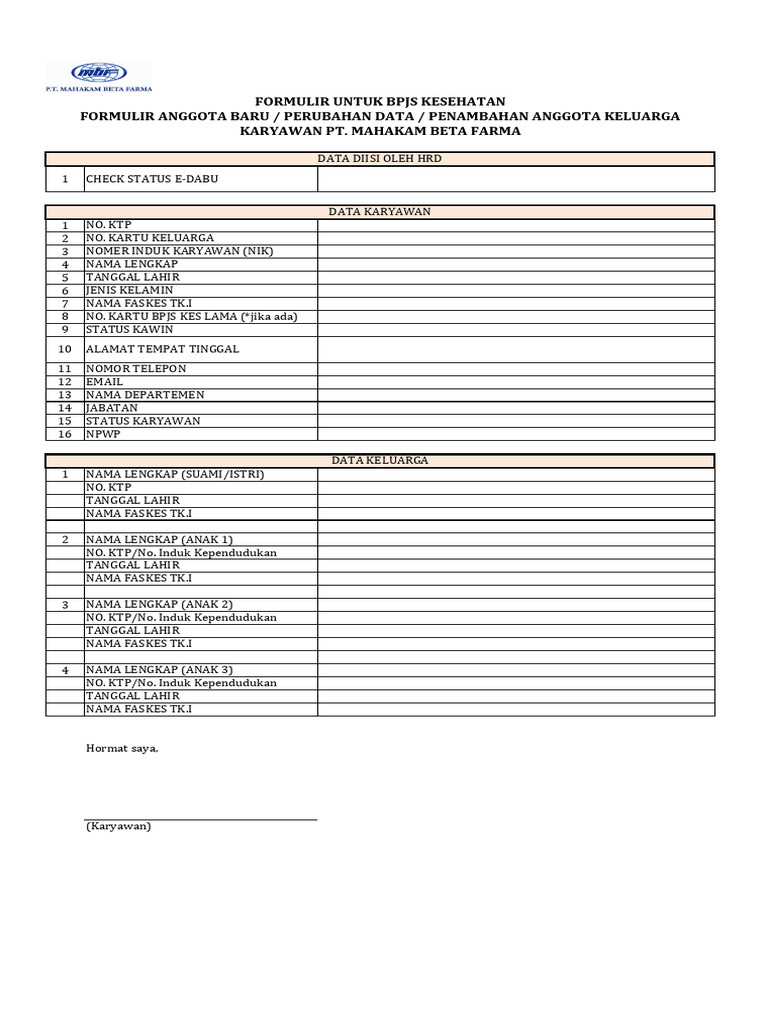 Formulir Pendaftaran BPJS Kesehatan | PDF