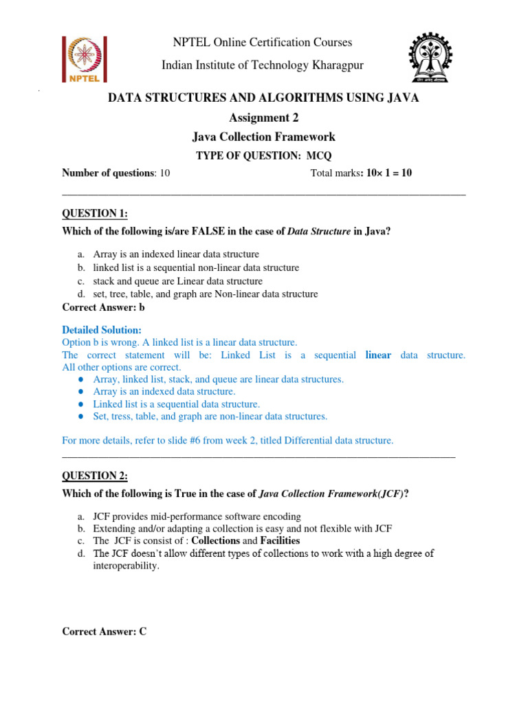 NPTEL Java Data Structures Assignment 2 | PDF | Object Oriented ...