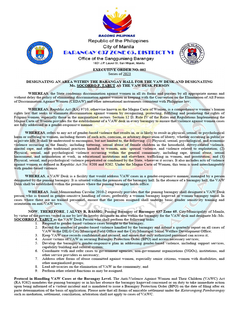 Executive Order 002 Vaw Desk Officer 2023 | PDF | Violence | Domestic ...