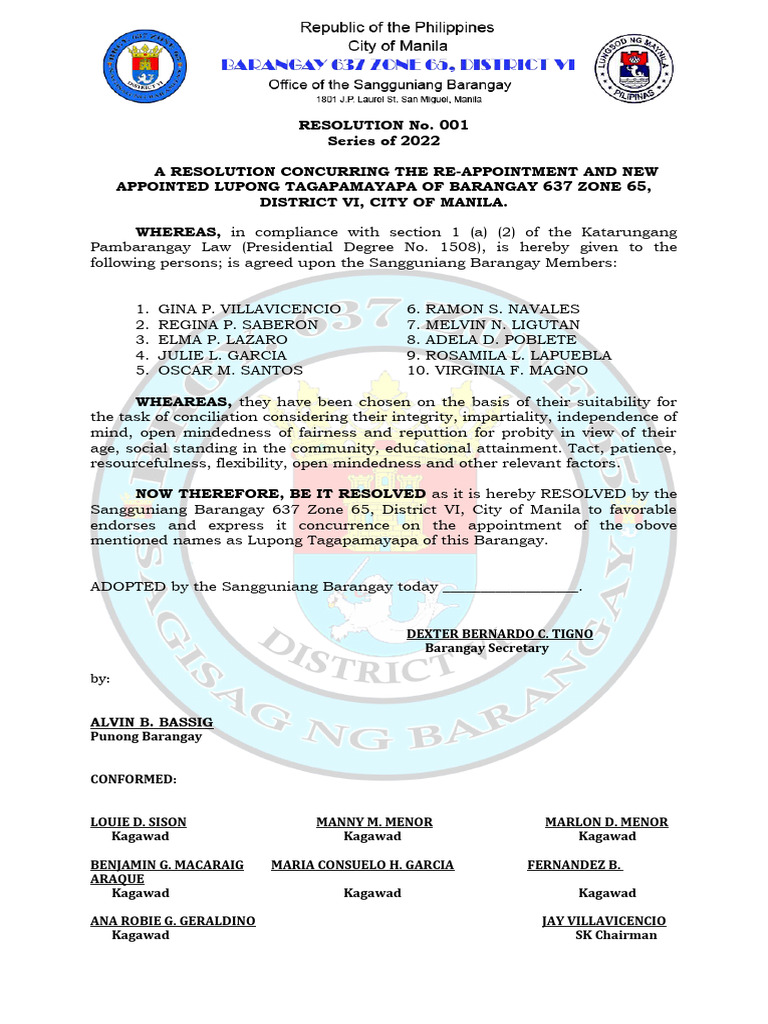 Resolution No 001 2022 Lupon | PDF