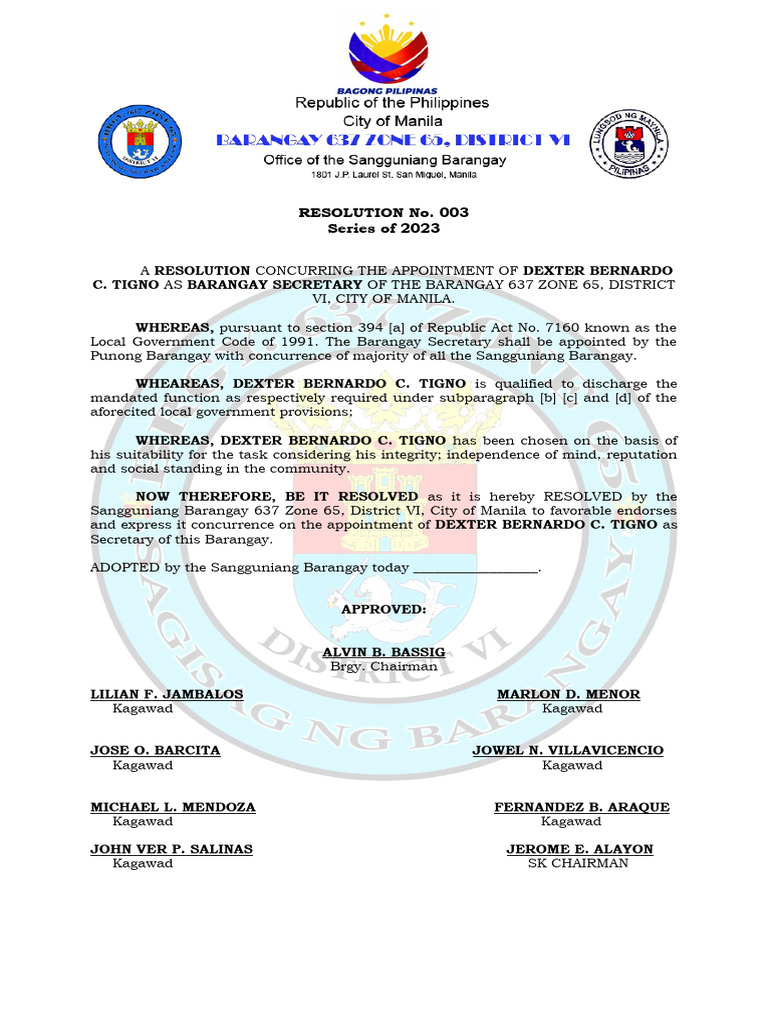 Appointment of Barangay Secretary Tigno | PDF