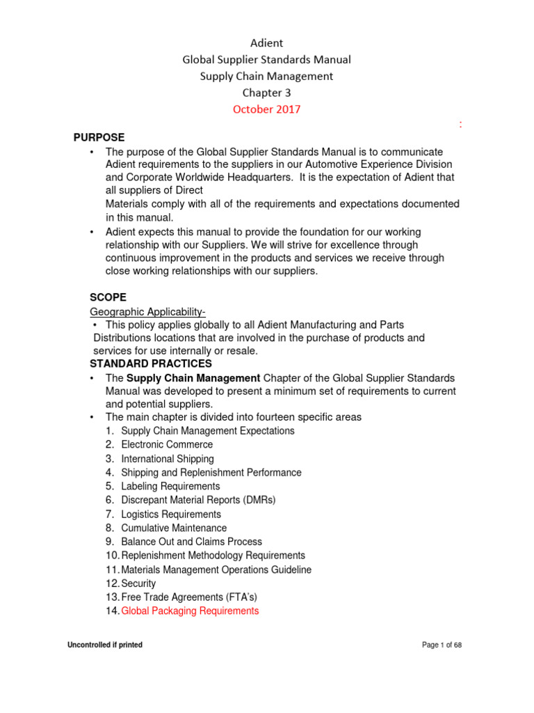 Adient Supplier Standards Manual Overview | PDF | Supply Chain ...