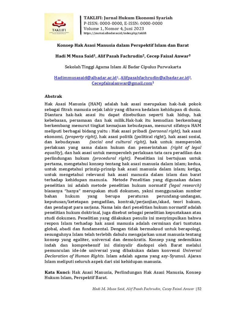 Konsep Hak Asasi Manusia Dalam Perspektif Islam Dan Barat Hadi M Musa Said, Alif Pasah Fachrudin ...