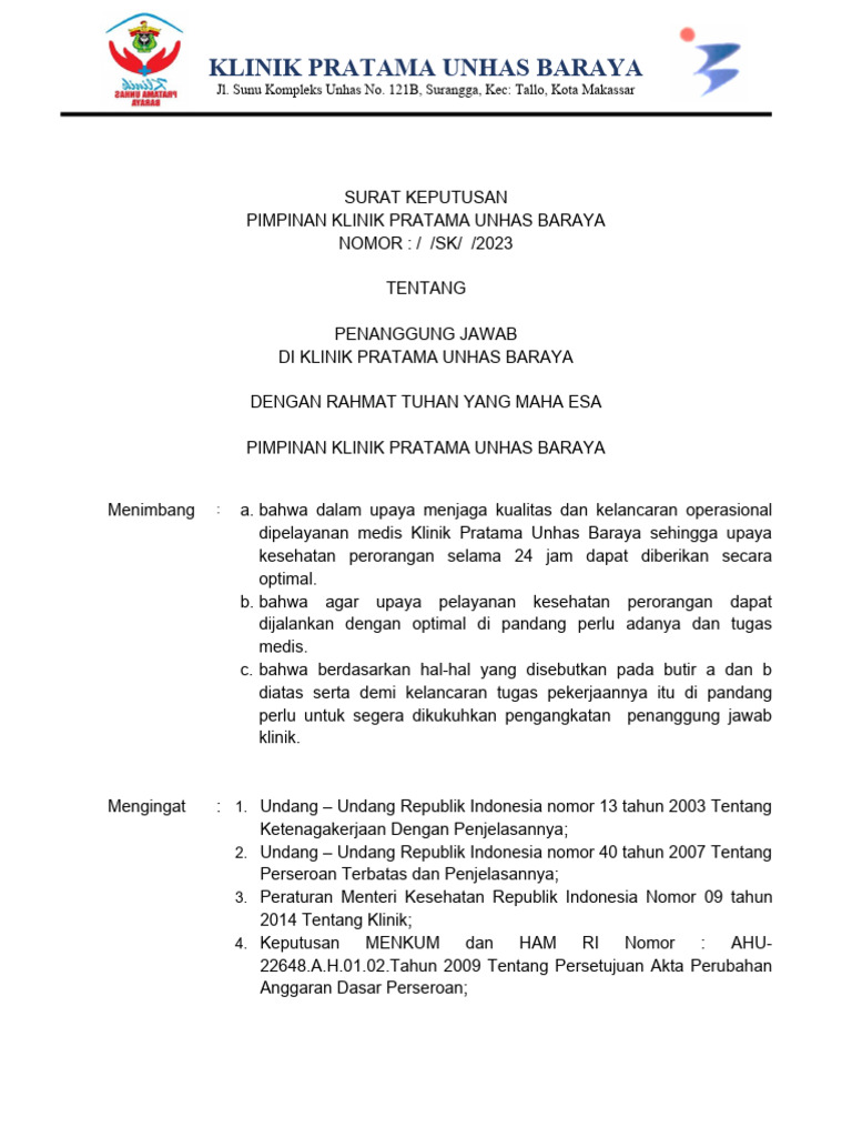 Kop Klinik Pratama Unhas Baraya | PDF